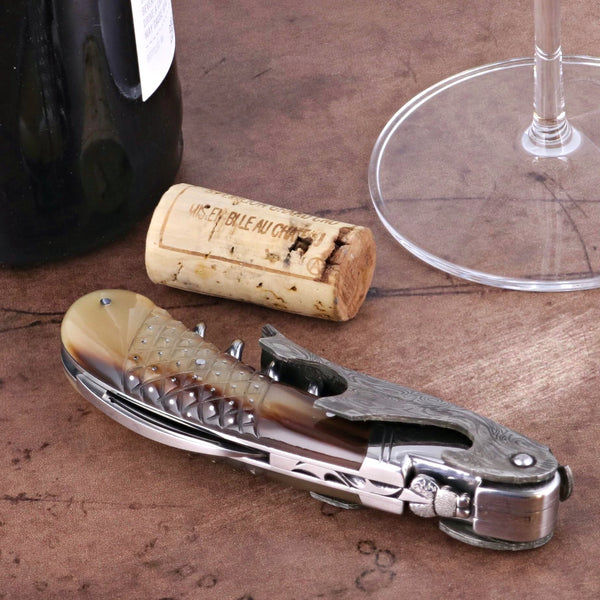 Laguiole Magnum Damascus Studded Flamed Horn Corkscrew - Laguiole Imports